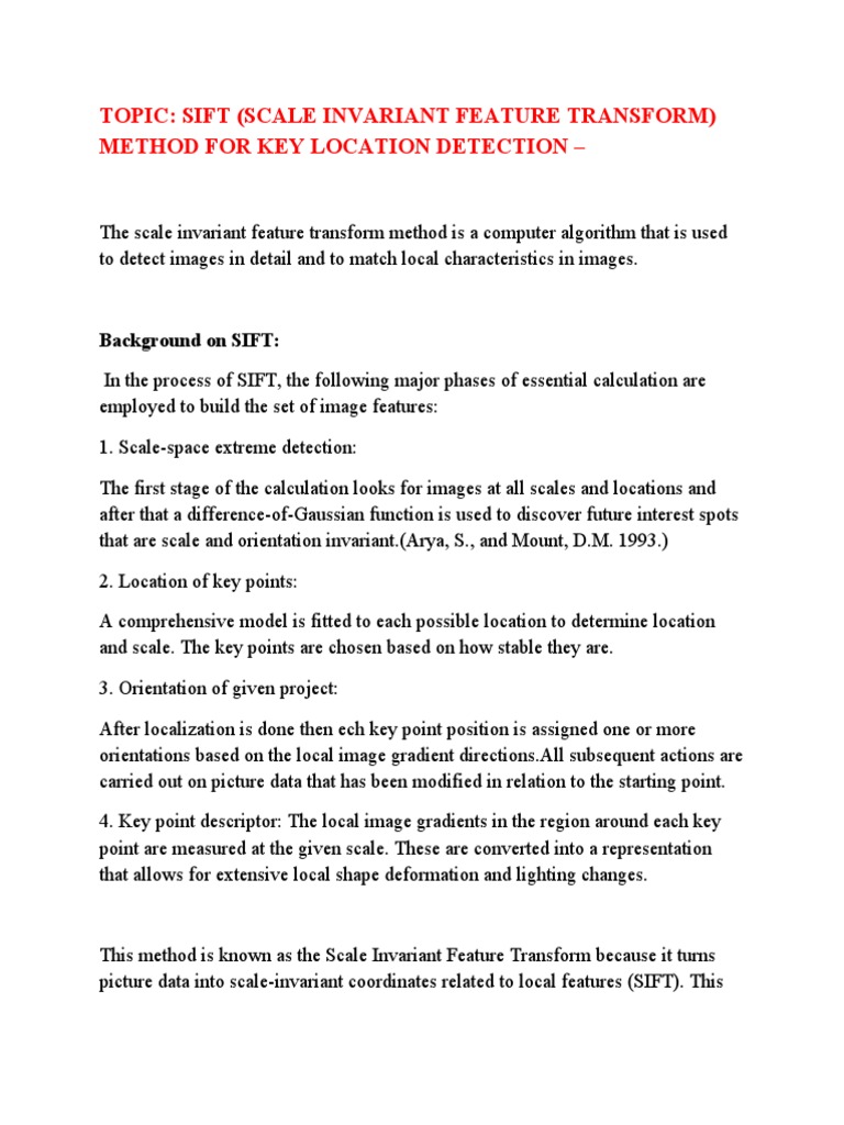 Topic: Sift (Scale Invariant Feature Transform) Method For Key Location ...
