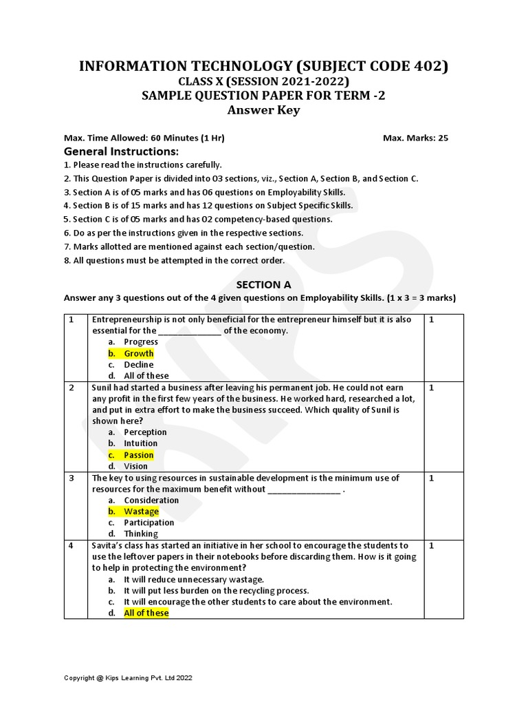 Information Technology (Subject Code 402) : Sample Question Paper For ...