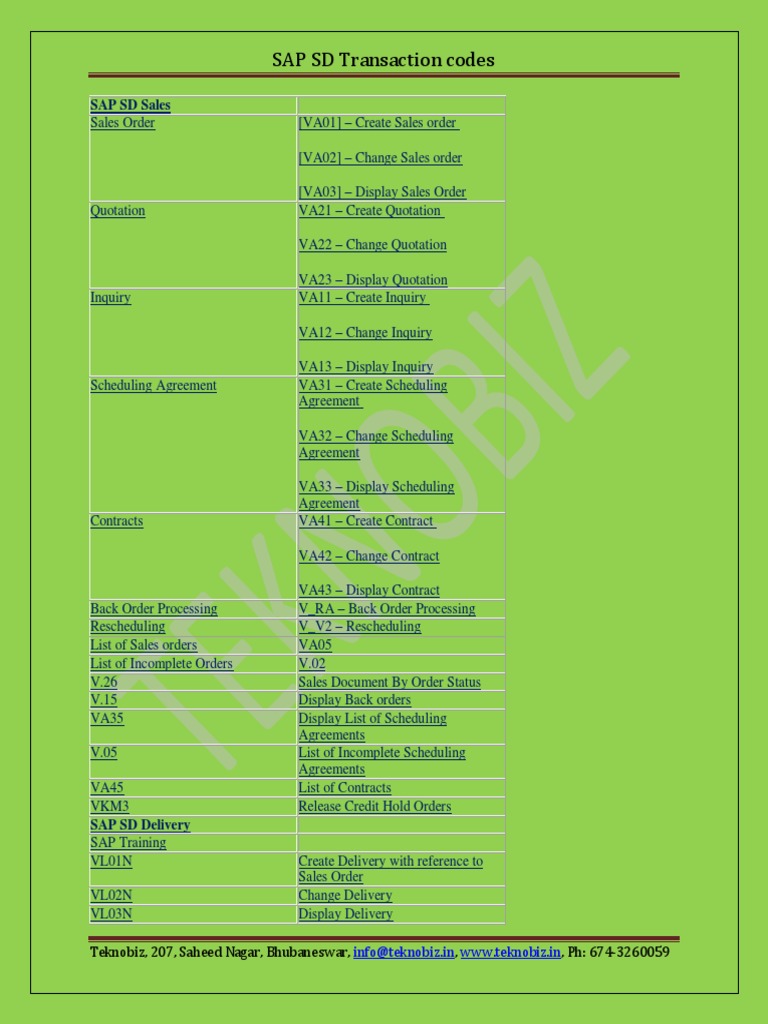 SAP SD Transaction Codes | PDF | Finance & Money Management