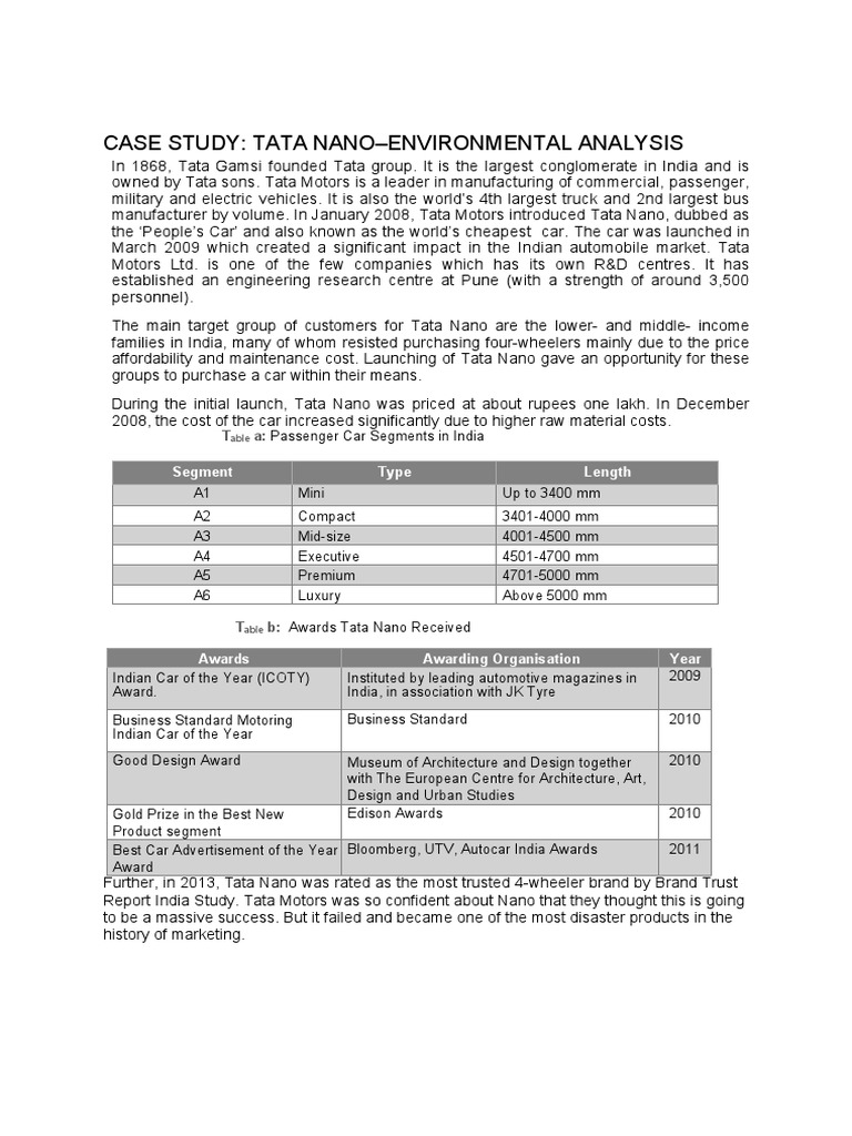 Case Study: Tata Nano-Environmental Analysis: Segment Type Length | PDF | Apple Inc. | I Phone