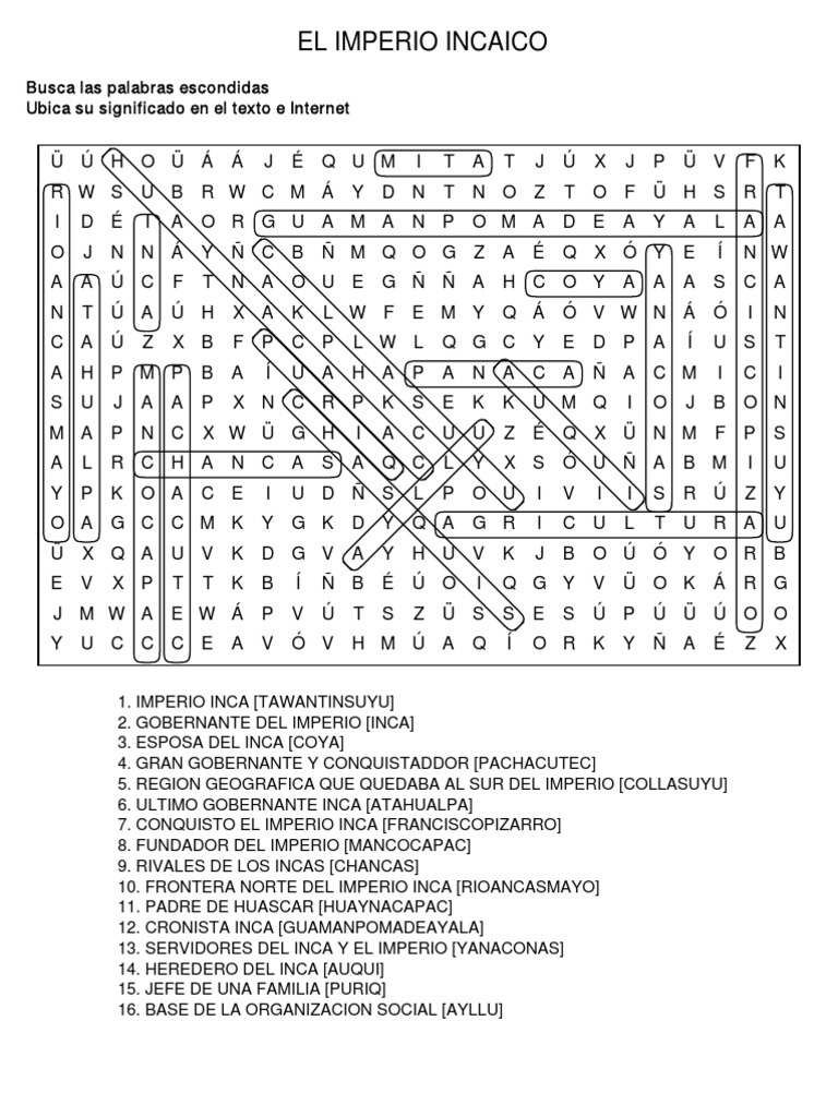 Sopa de Letras del Imperio Incaico | PDF | Imperio Inca | Perú