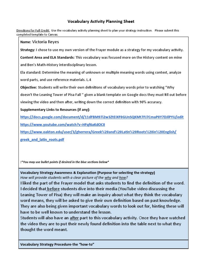 Vocabulary Activity Planning Sheet | PDF | Vocabulary | Learning
