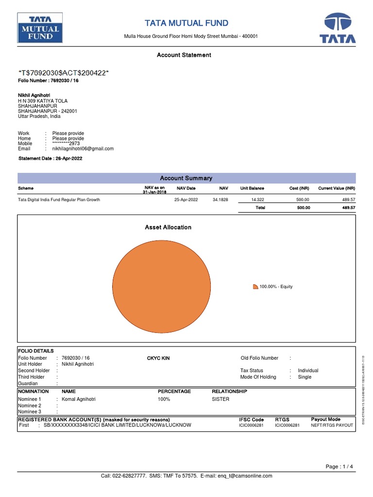 Tata Mutual Fund: Account Statement | PDF | Cheque | Banks