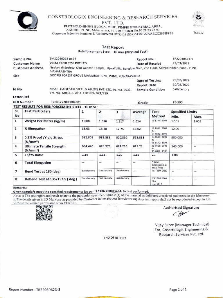 Test Results For Reinforcement Steel - 16 MM:: Constrologix Engineering ...