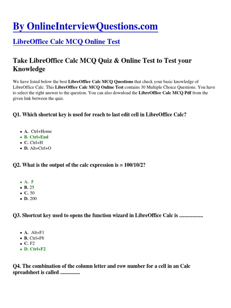 LibreOffice Calc MCQ PDF, Completly Free. | PDF | Spreadsheet | Computer Science