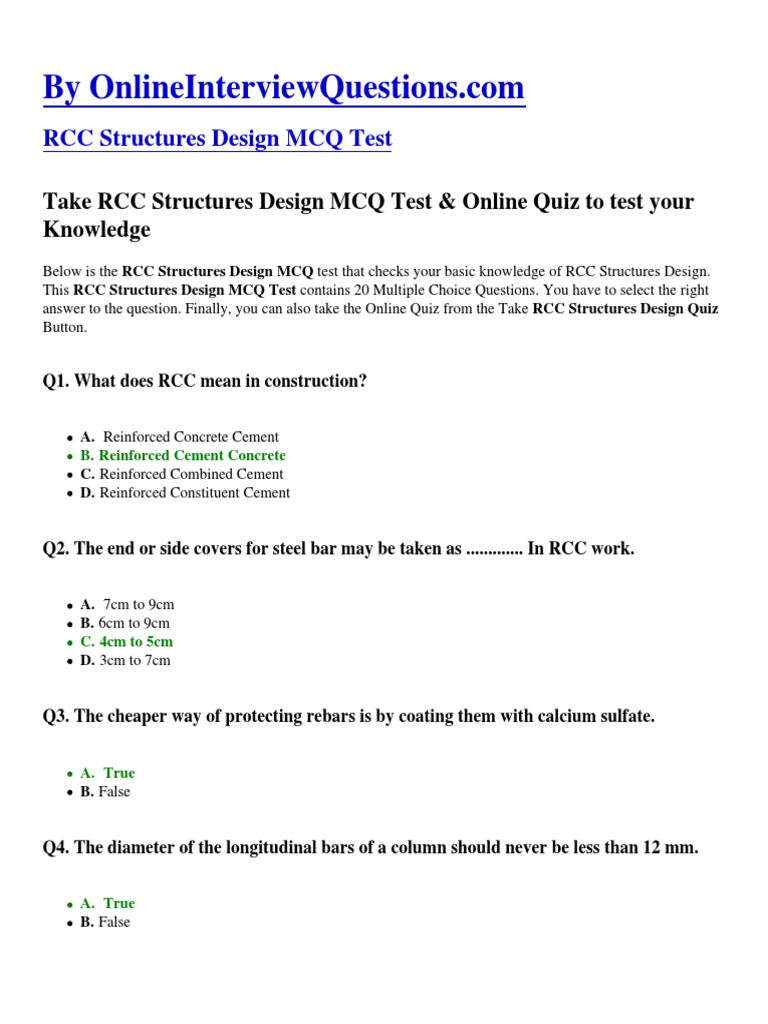 RCC Structures Design MCQ PDF | Download Free PDF | Bending | Reinforced Concrete