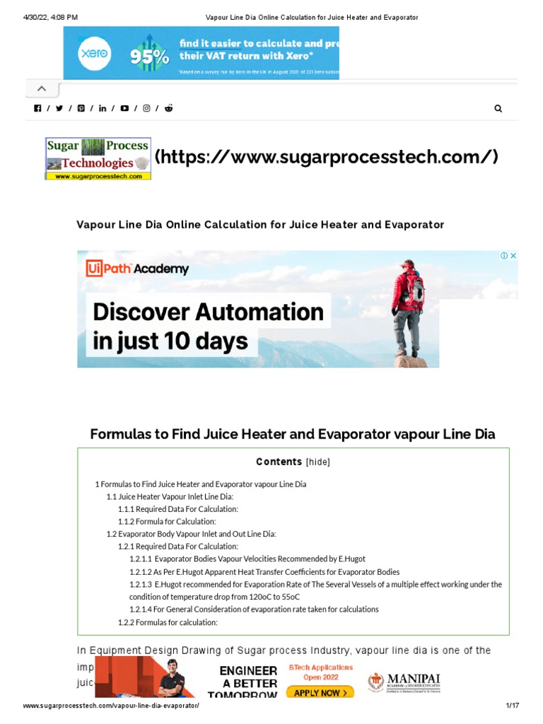Vapour Line Dia Online Calculation For Juice Heater and Evaporator ...