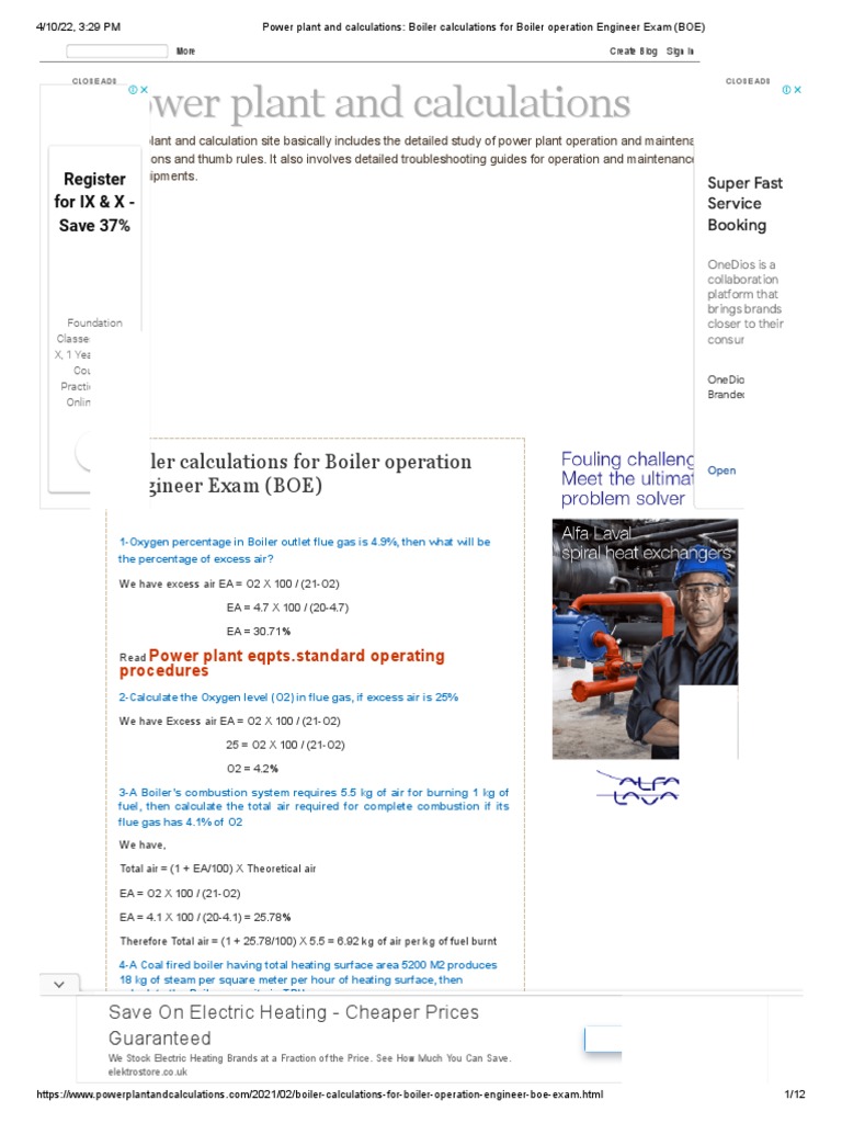 Power Plant and Calculations - Boiler Calculations For Boiler Operation ...