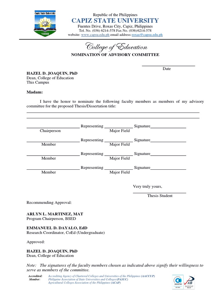 Nomination for Thesis Advisory Committee | PDF