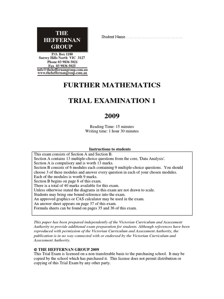 (VCE Further) 2009 Heffernan Unit 34 Exam 1 and Solutions | PDF | Area ...