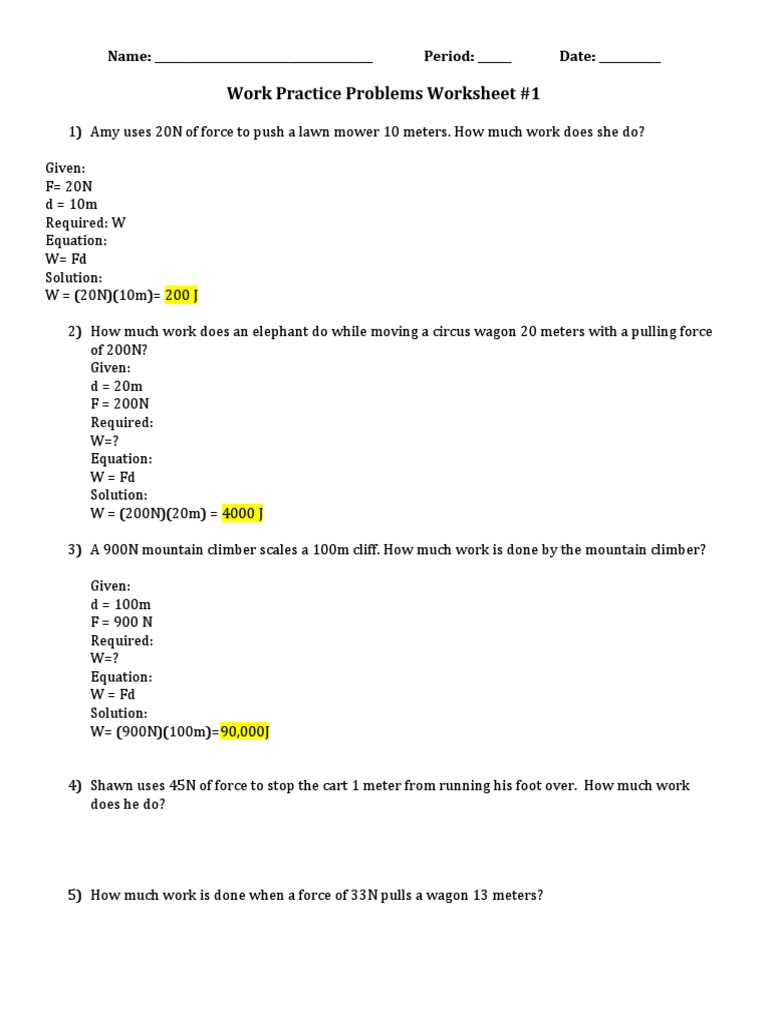 Work Practice Problems Worksheet #1: Calculating Work Done by Forces ...