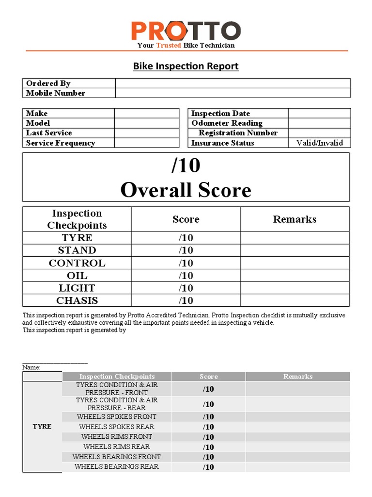 10 Overall Score: Bike Inspection Report | PDF | Vehicles | Automotive ...