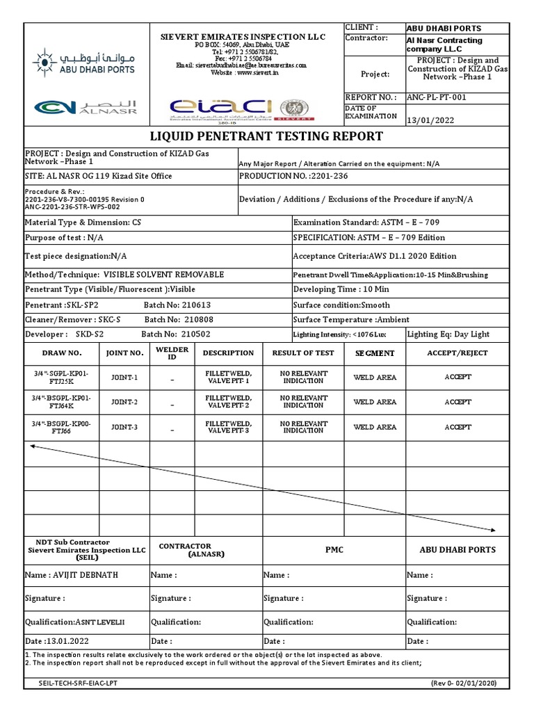 Liquid Penetrant Testing Report: Sievert Emirates Inspection LLC | PDF ...