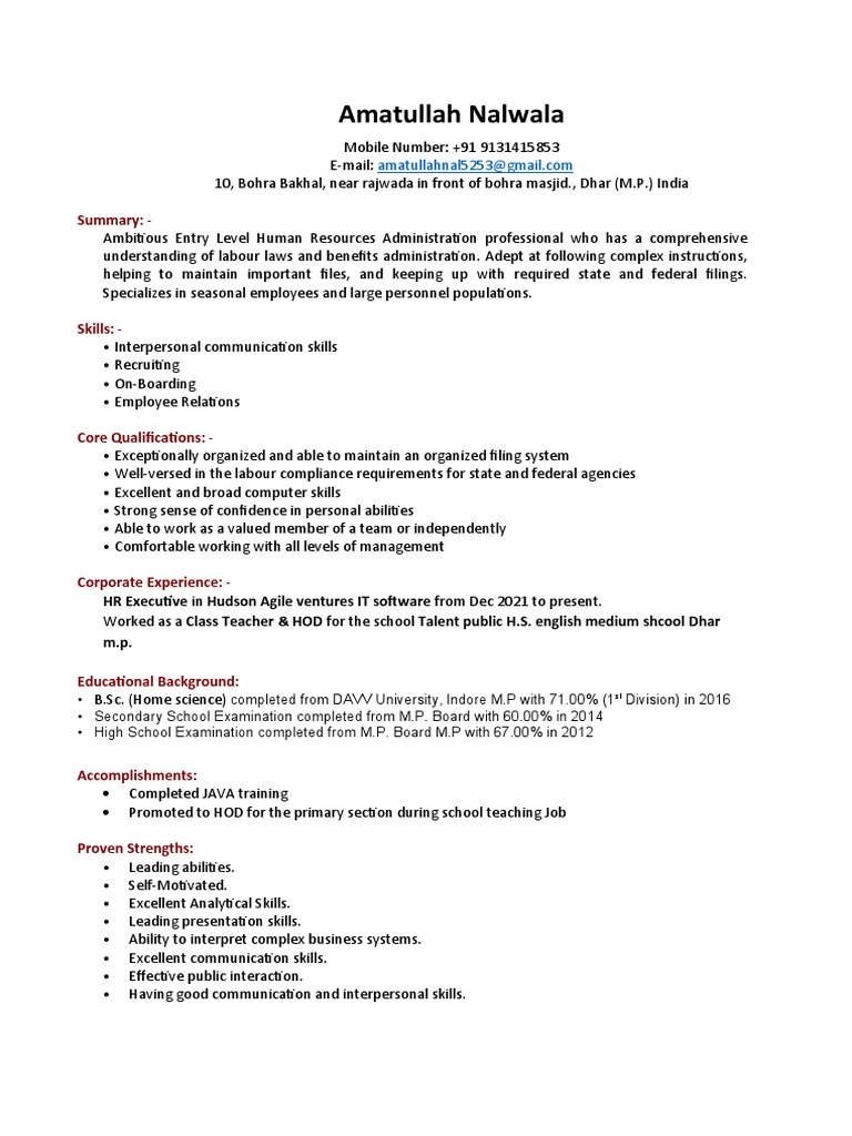 New Resume Amatullah Nalwala-2 | PDF | Communication | Human Resources