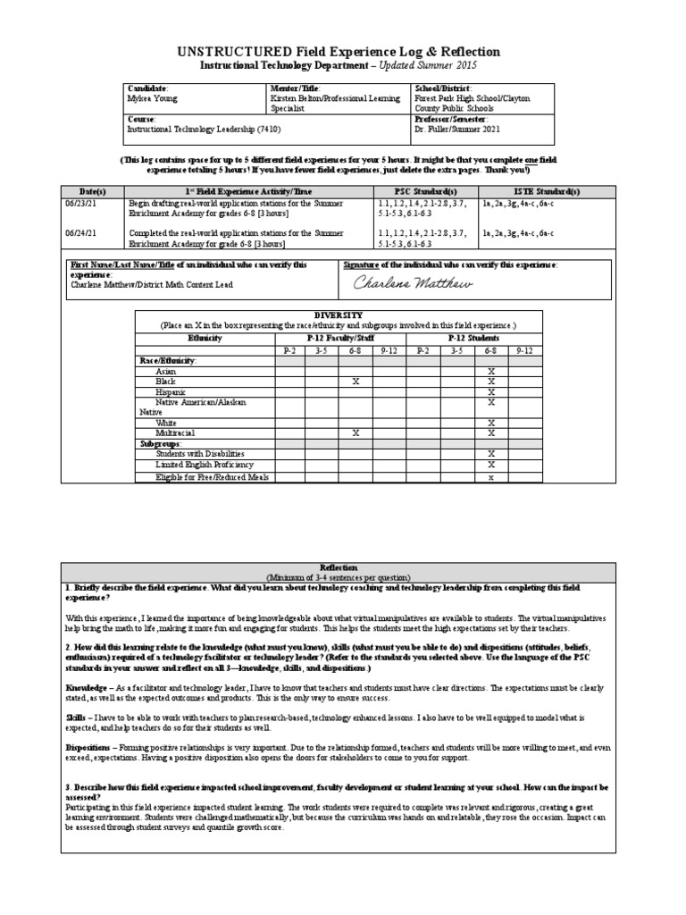 UNSTRUCTURED Field Experience Log & Reflection: Instructional ...