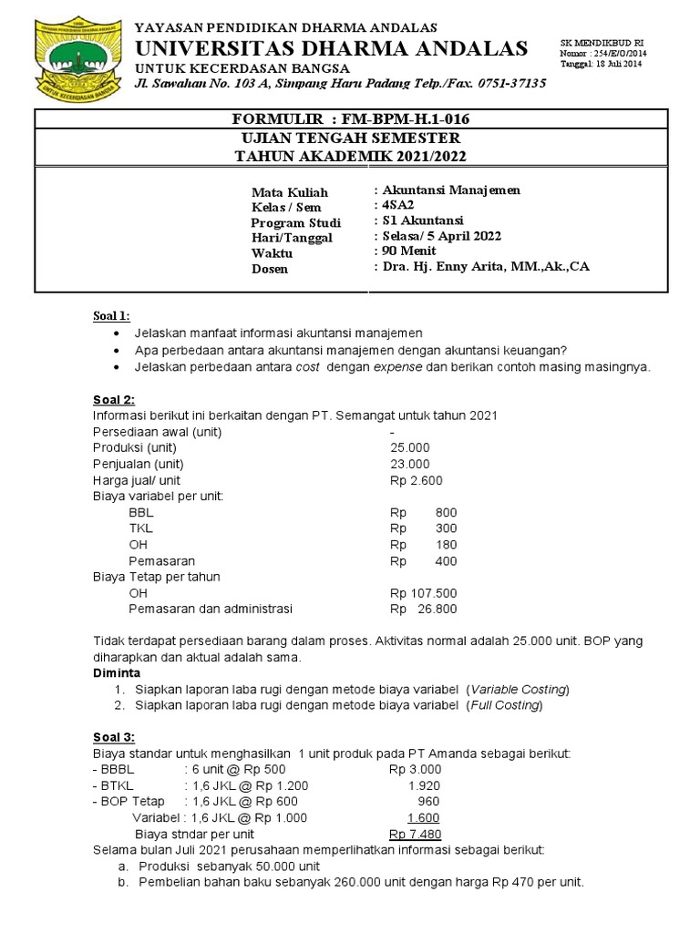 Soal UTS Akmen 4SA2 Genap 2022 | PDF | Bisnis
