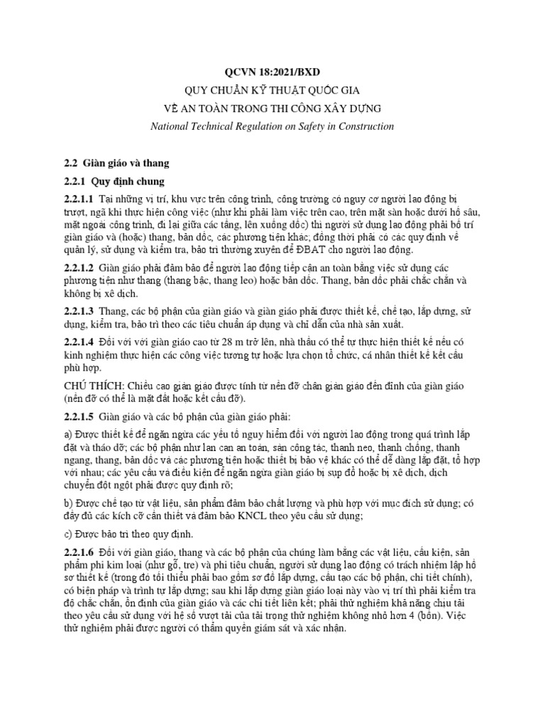 Quy chuẩn An toàn trong thi công XD tại Việt Nam - Giàn giáo và thang (QCVN 18-2021) | PDF