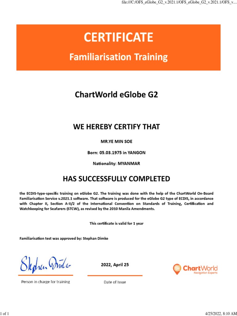 Chartworld Eglobe G2: We Hereby Certify That | PDF