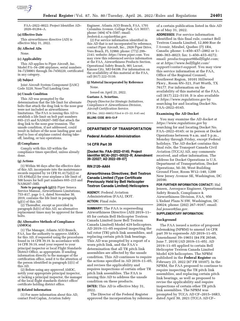FAA Airworthiness Directive (FAA-2022-0145-0003) | Download Free PDF ...