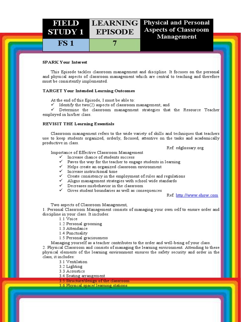 Field Study 1: Learning Episode FS1 7 | PDF | Classroom Management | Teachers