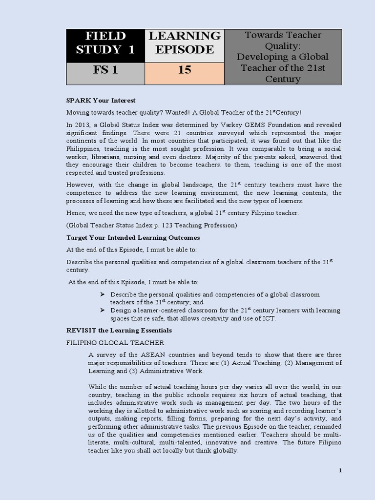 Field Study 1: Learning Episode FS1 15 | PDF | Teachers | Learning