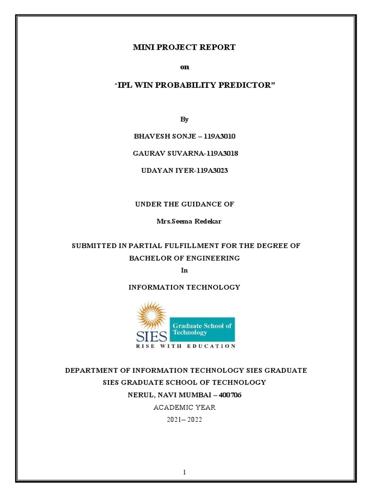 Mini Project Report On Ipl Win Probability Predictor" | PDF | Machine Learning | Logistic Regression