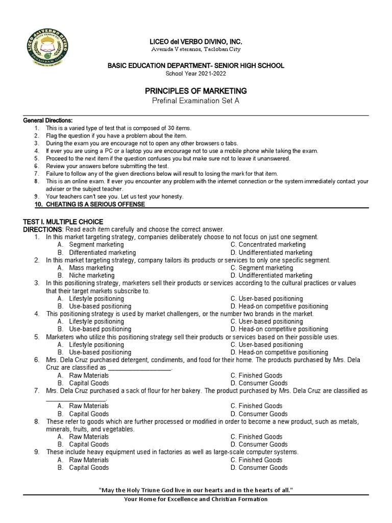 Prefinal Set A Exam (Primark) | PDF | Pricing | Test (Assessment)