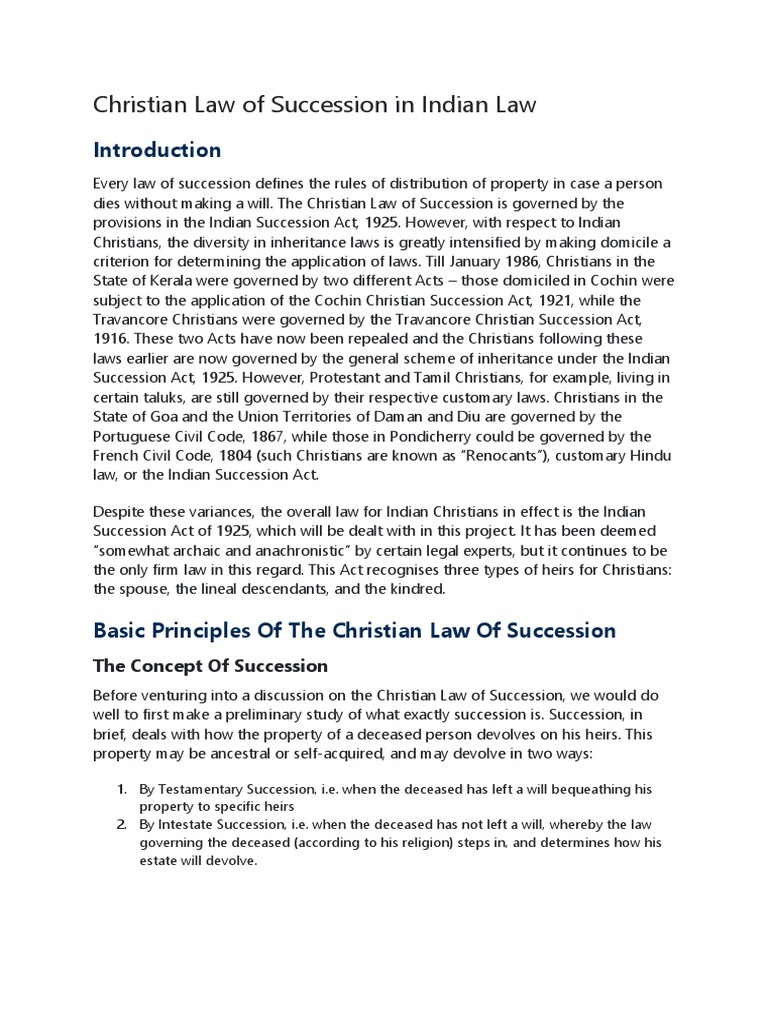 Christian Law of Succession in Indian Law | PDF | Intestacy | Will And ...