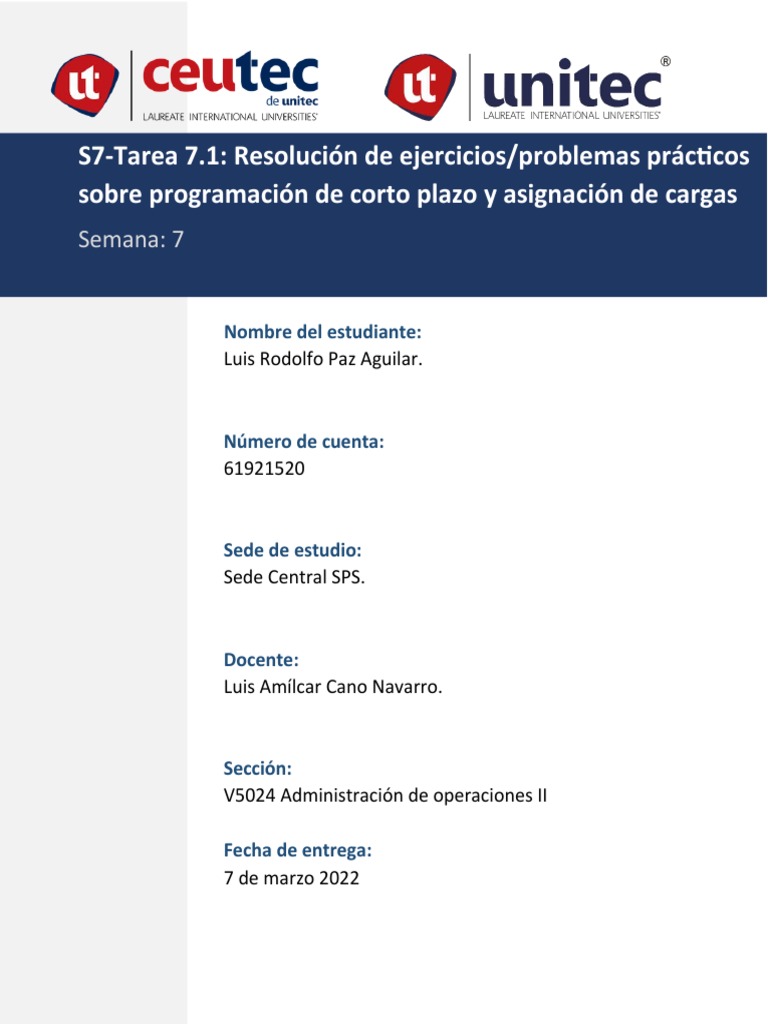S7-Tarea 7.1 Resolución de Ejerciciosproblemas Prácticos Sobre Programación de Corto Plazo y ...