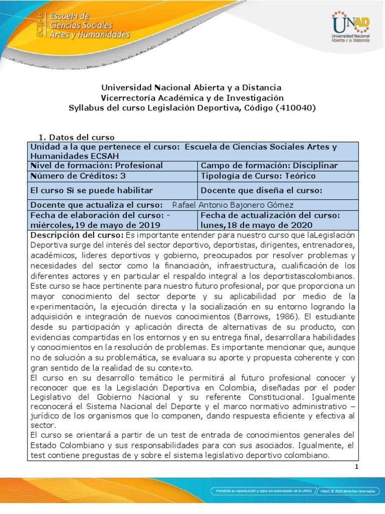 Syllabus Legislación Deportiva UNAD | PDF | Deportes | Colombia