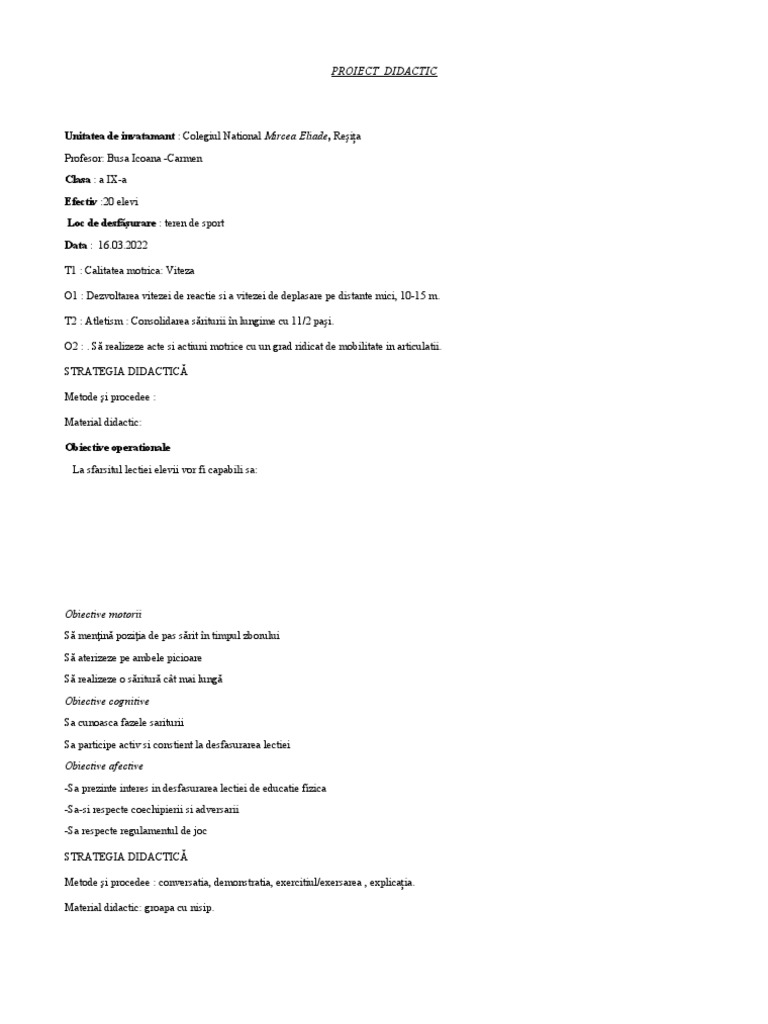 Proiect Didactic ATLETISM | PDF