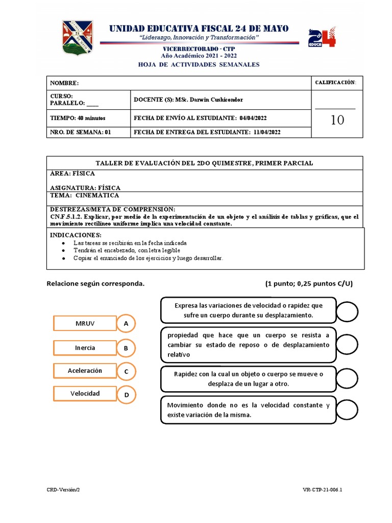 Taller de Evaluació - Física. 2do BGU 2Q 1P | PDF | Aceleración | Velocidad