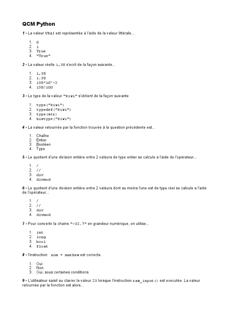 QCM Python | PDF | Booléen | Informatique