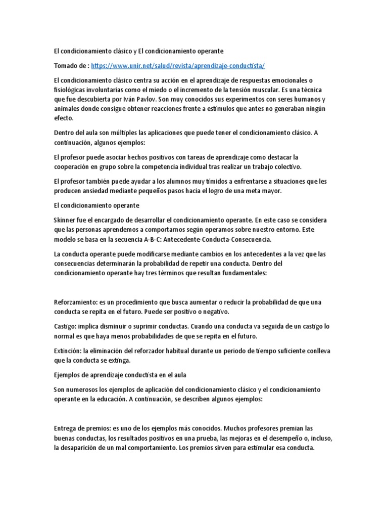 El Condicionamiento Clásico y El Condicionamiento Operante en Aula ...