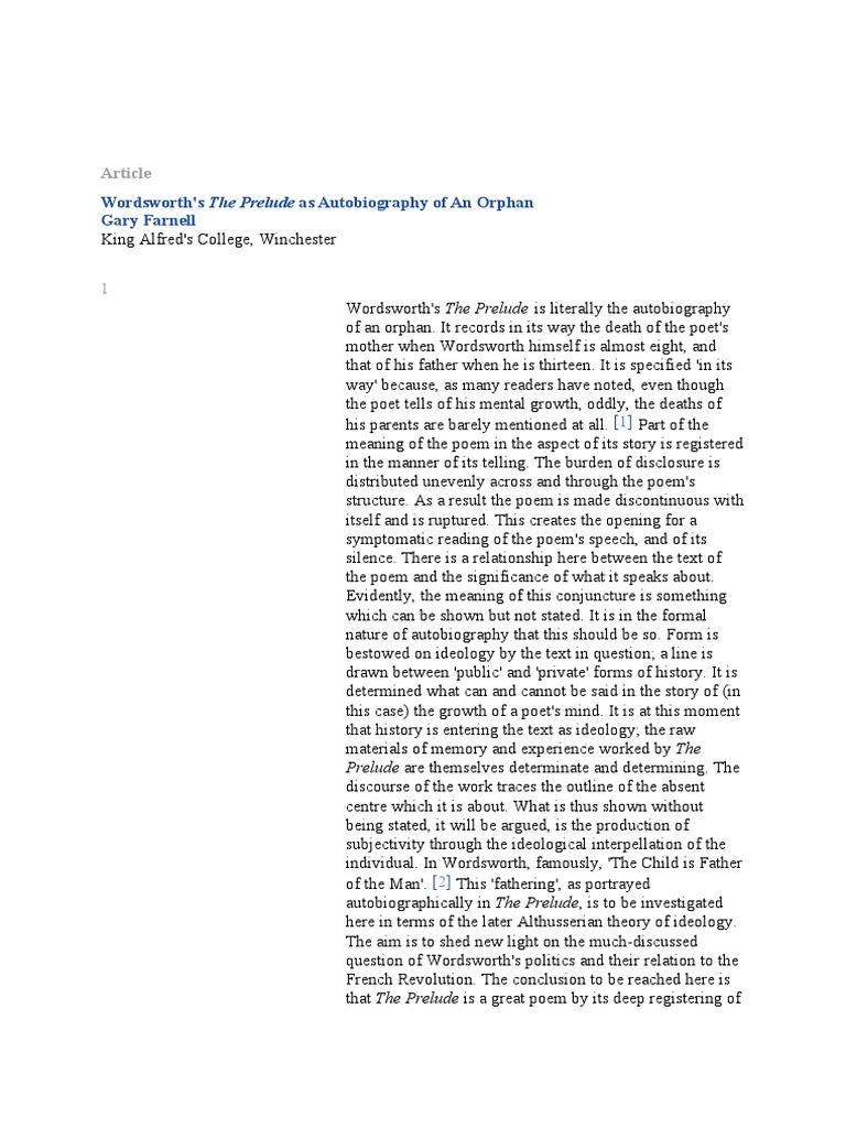 Article: Wordsworth's The Prelude As Autobiography of An Orphan Gary ...