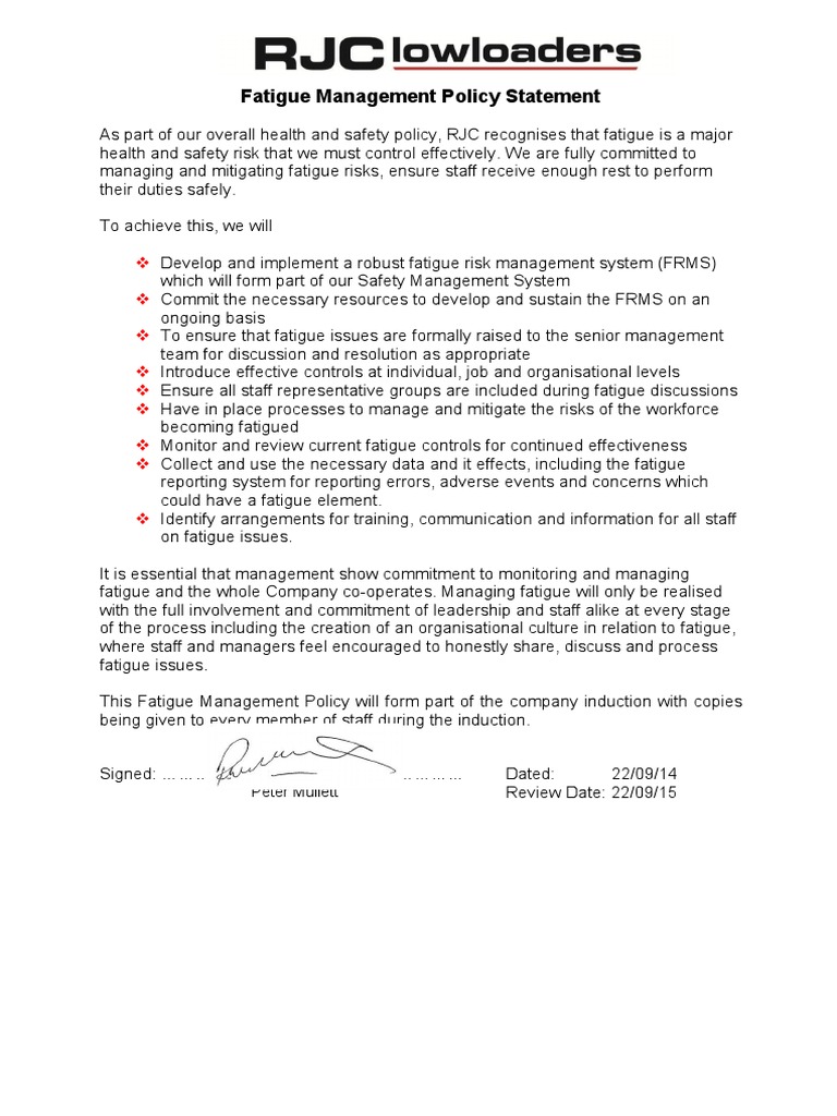 Fatigue Management Policy Statement: Peter Mullett | PDF