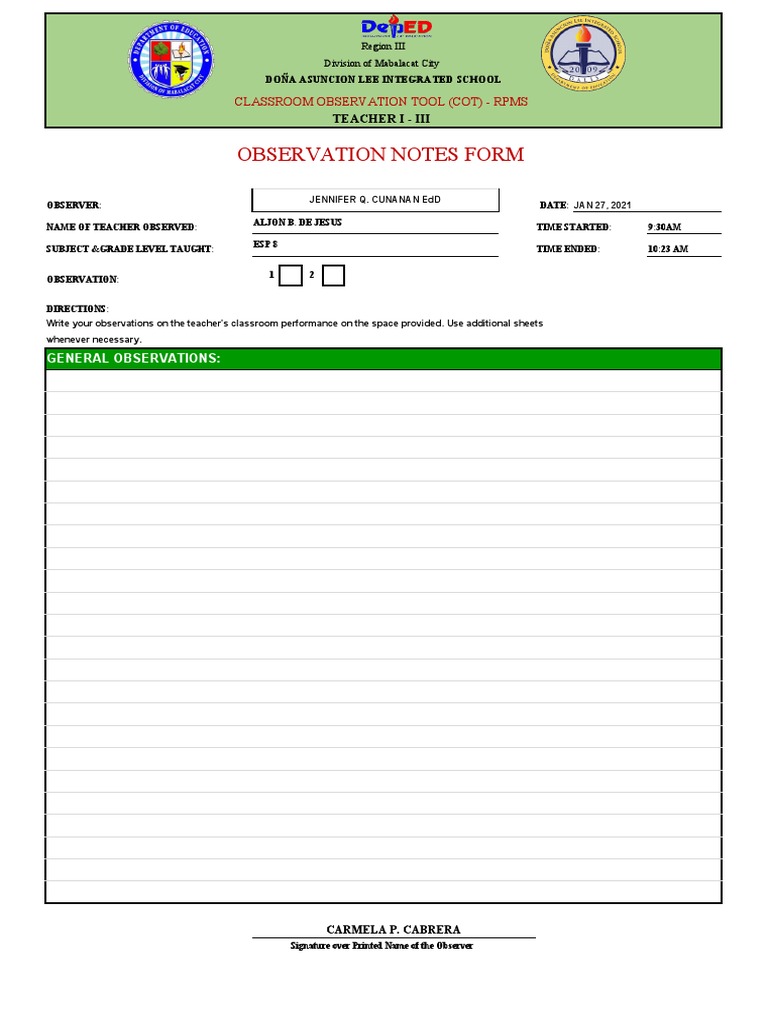 Observation Notes Form: Classroom Observation Tool (Cot) - Rpms | PDF ...