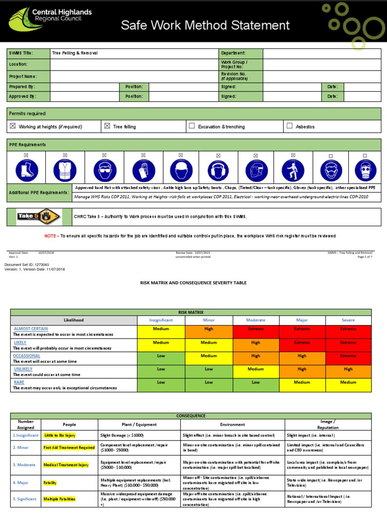 SWMS Tree Felling and Removal | PDF | Personal Protective Equipment | Risk
