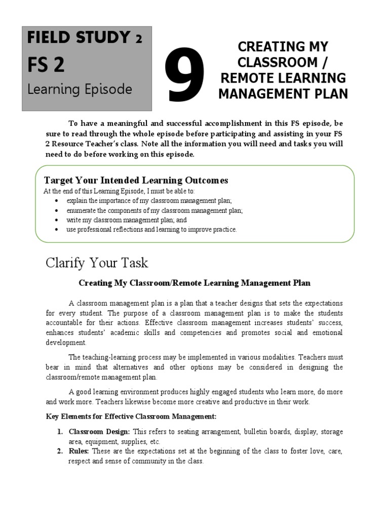 Field Study 2: Learning Episode | PDF | Classroom Management | Classroom