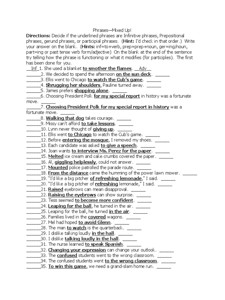 Phrases Mixed Worksheet | PDF | Linguistics | Syntax