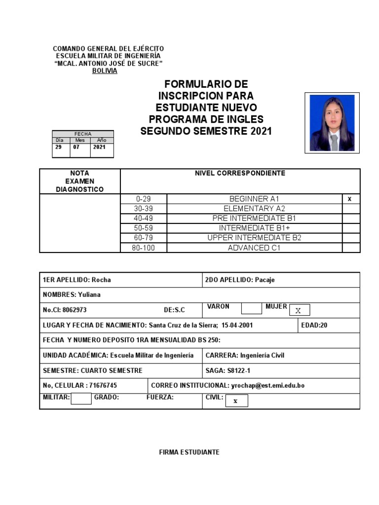 Formulario de Inscripcion para Estudiante Nuevo Programa de Ingles ...
