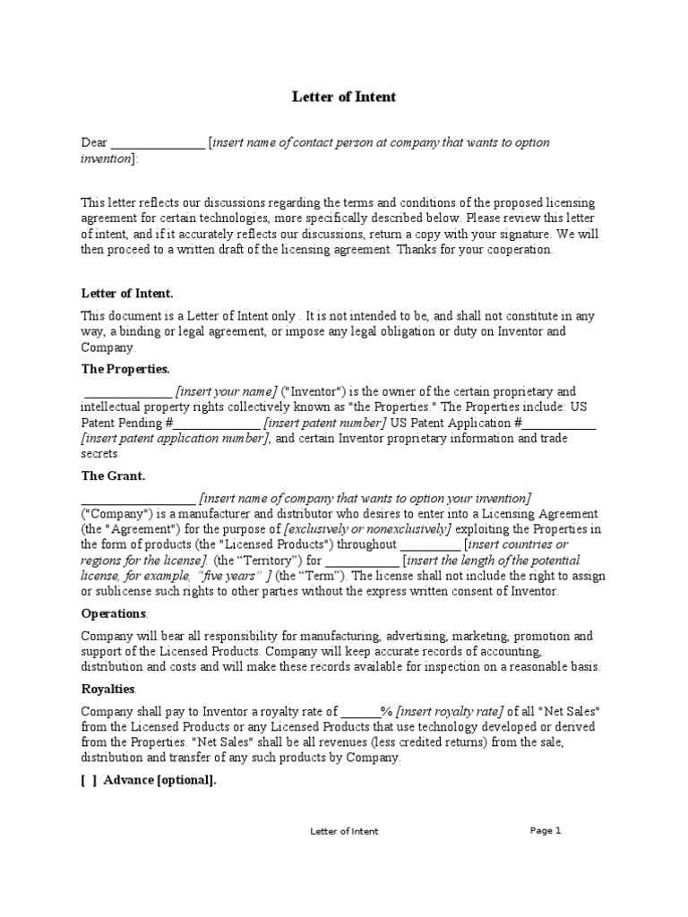 Letter of Intent | License | Patent