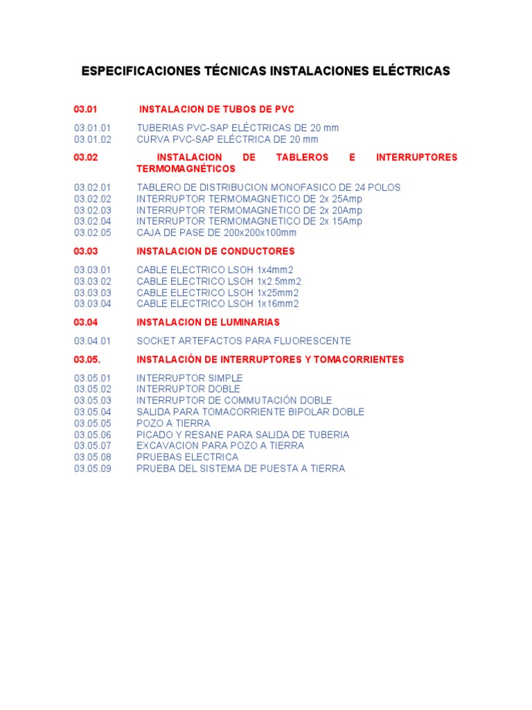 03 - Especificaciones Instalaciones Electricas | PDF | Aislador (Electricidad) | Enchufes y ...