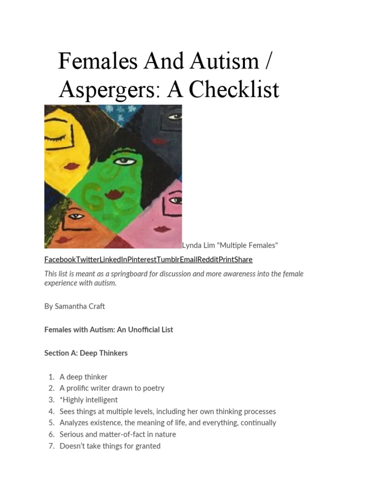 Females and Autism / Aspergers: A Checklist: Facebook Twitter Linkedin ...