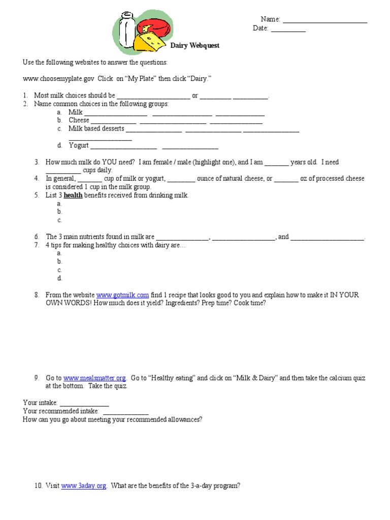 Name: - Date: - : Dairy Webquest | PDF | Milk | Diet & Nutrition