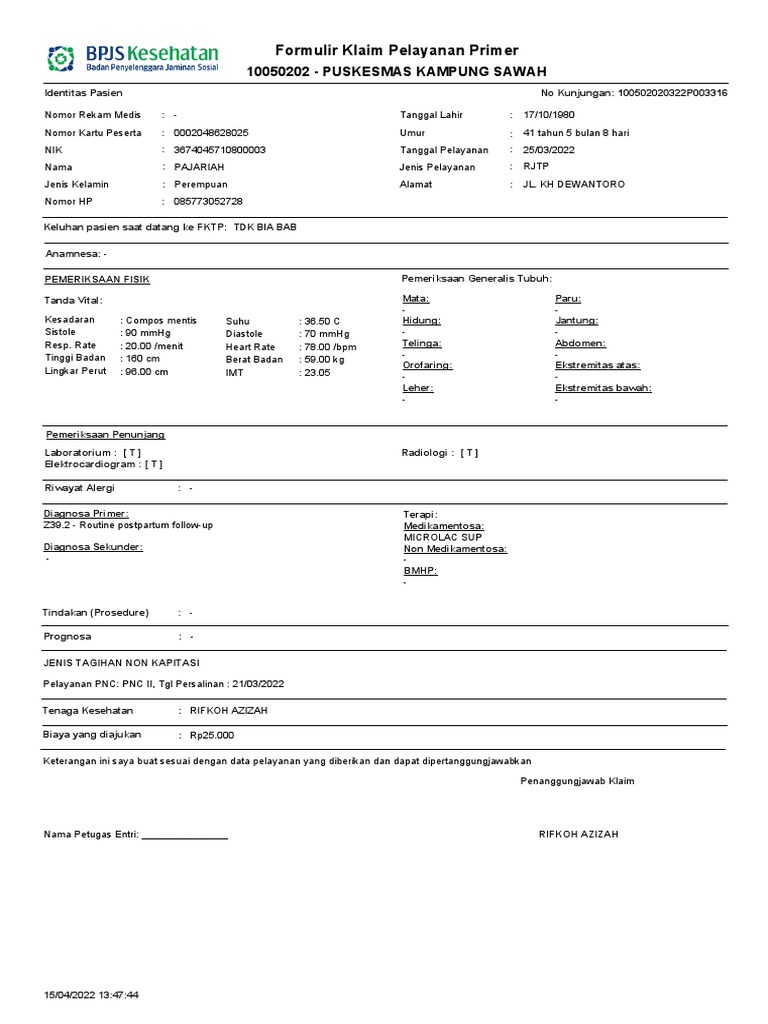 Pemeriksaan Kesehatan Ibu Nifas dan Diagnosa Utama Z39.2 - Routine ...