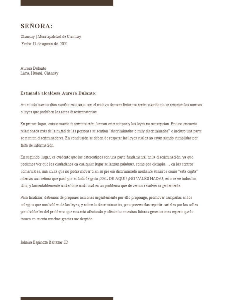 Señora:: Estimada Alcaldesa Aurora Dulanto | PDF | Ciencias sociales