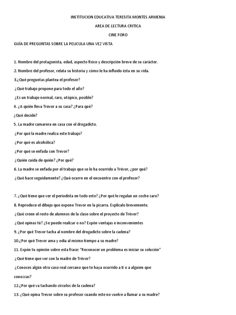 Cine Foro Grado 11 Guía de Preguntas Sobre La Pelicula Una Vez Vista | PDF