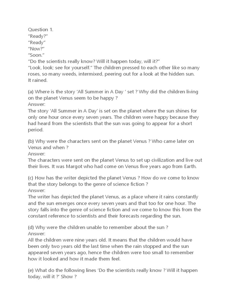 All Summer in A Day Workbook Answers | PDF | Venus | Sun