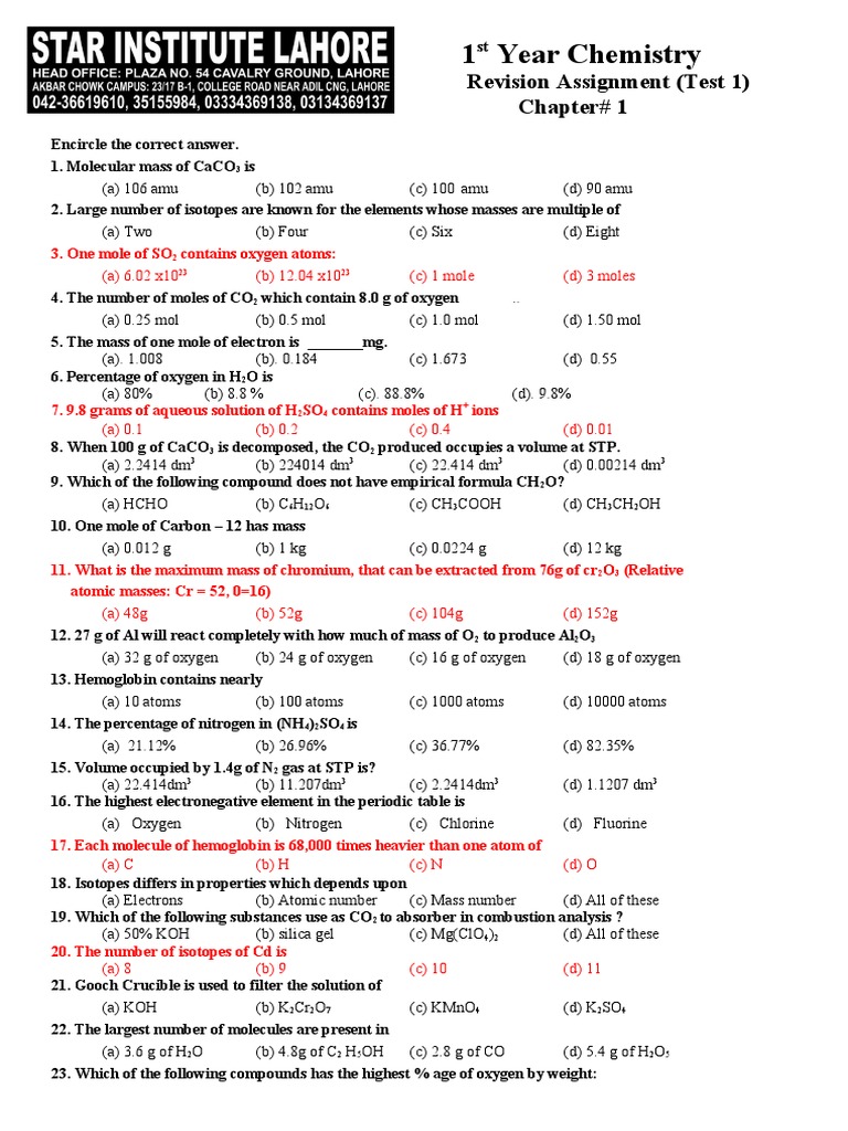 1st Year Chemistry Revision Assignment For Test 1 | PDF | Mole (Unit ...